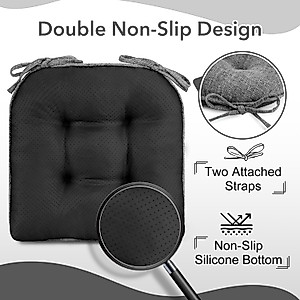 downluxe Indoor Chair Cushions for Dining Chairs, Tufted Overstuffed Textured Memory Foam Kitchen Chair Pads with Ties and Non-Slip Backing, 15.5" x 15.5" x 4", Dark Grey, 4 Pack