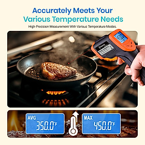 Etekcity Infrared Temperature Thermometer Gun, Laser Food Temp Gun for Pizza Oven, Griddle, Grill, Meat, Candy, Vehicle's Engine, Surface Temp Reader -58°F to 842°F, Orange