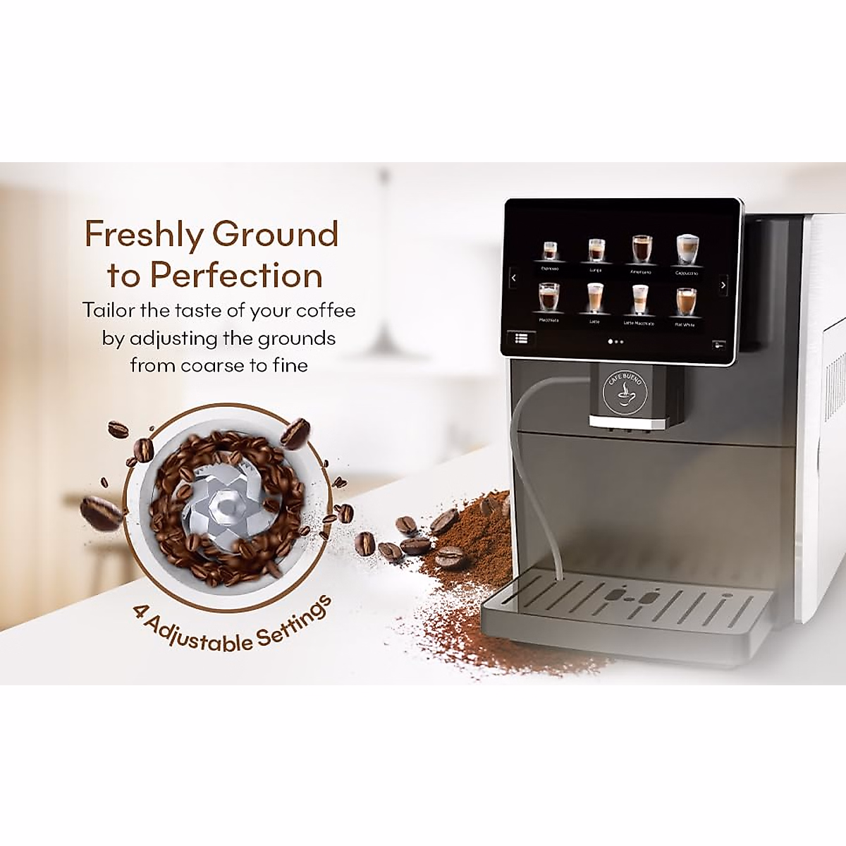 Cafe Bueno Super Automatic Espresso Machine - 19 Coffee Recipes, Durable, Grinder, Milk Frother, 7" Touchscreen