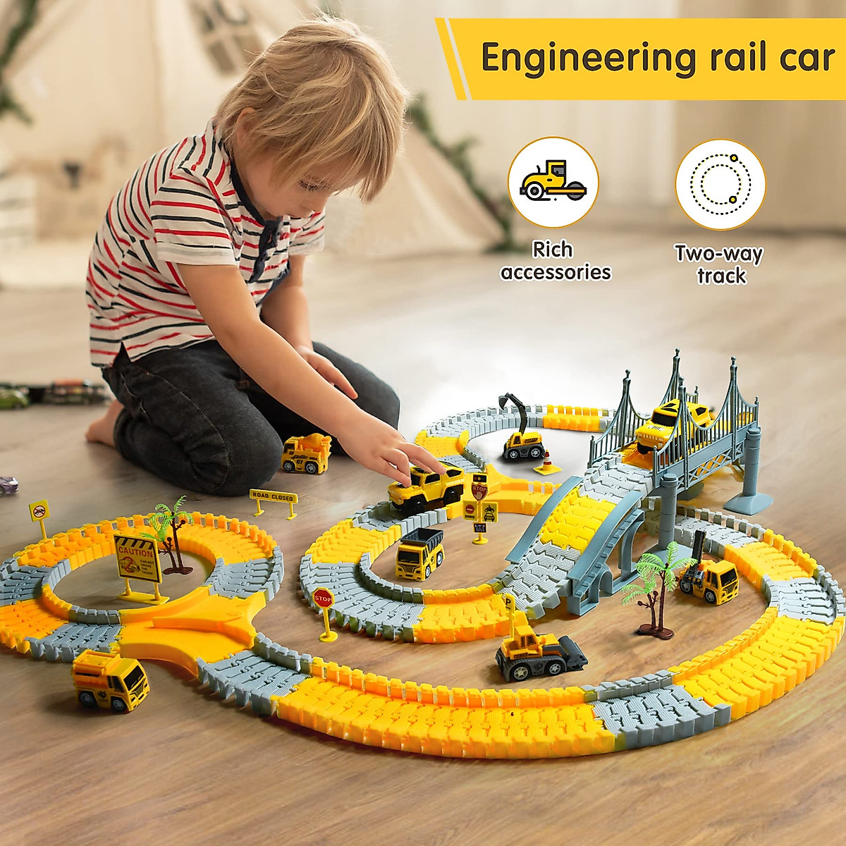 TOMMYHOME Construction Race Tracks Cars Toys Playset for Kids,Flexible Track with 2 Racing Cars 6 Engineering Trucks,Education Toy Gift for 2 3 4 5+ Year Old Boys Girls(276 PCS)