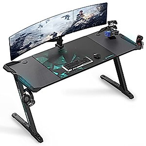 EUREKA ERGONOMIC Z60 Gaming Desk with Led Lights, 60 Inch Large RGB Gaming Computer Desk for Home Office Work Study Writing with Mouse Pad, Easy to Assemble, 24" Wide, Carbon Fiber Black
