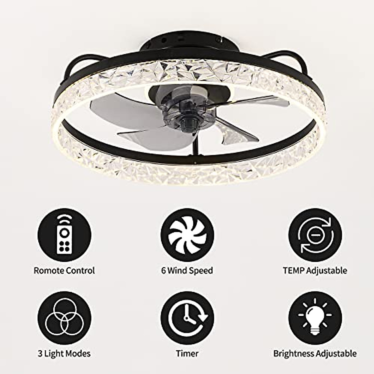OPFLI Ceiling Fan with Led Lights,Semi Flush Mount Low Profile Fan Light,Dimmable 3 Color,6 Speeds Round Bladeless Ceiling Fan for Kitchen Dining Kids Room