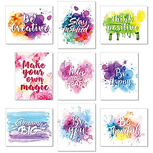 Set of 9 Watercolor Inspirational Wall Art Prints Abstract Paint Motivational Quote Phrases Posters for Living Room Office Classroom Kids Room Decoration 8x10inch Unframed