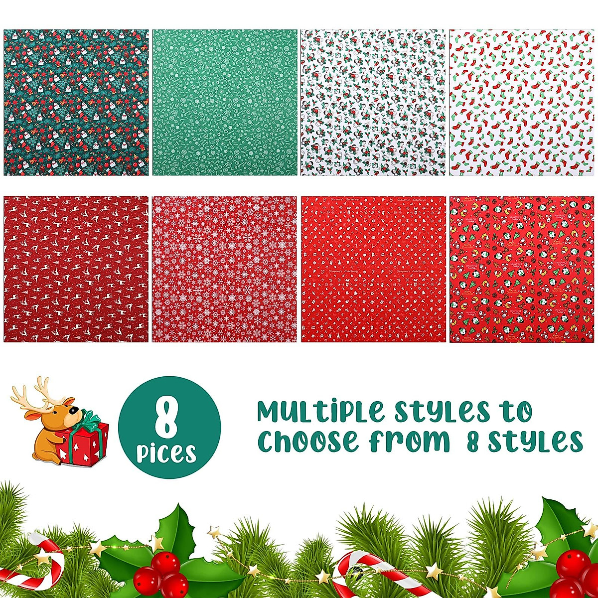 Panelee 8 Pcs 20 x 20 Inches Christmas Fabric Quilting Christmas Fabric Bundles Precut Fabric Squares Christmas Printed Fabric Scraps for DIY Sewing Crafts Project Patchwork Dress Apron