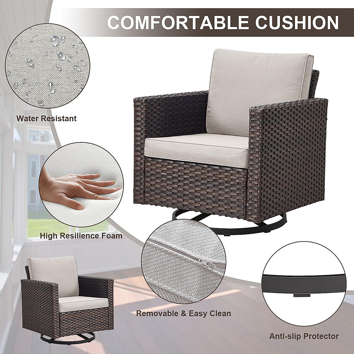 Belord Outdoor Swivel Rocker Patio Chair - 350LBS Weight Capacity Patio Wicker Swivel Glider Chair with Removable Cushions for Porch Deck Balcony Backyard