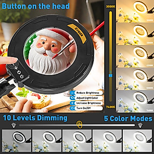 LED Magnifying Lamp with Clamp, 10X Real Glass Lens, 3 Color Modes and Stepless Dimmable Magnifier Desk Lamp,Adjustable Swivel Arm Lighted Magnifying Glass for Repair Craft Close Work-Black