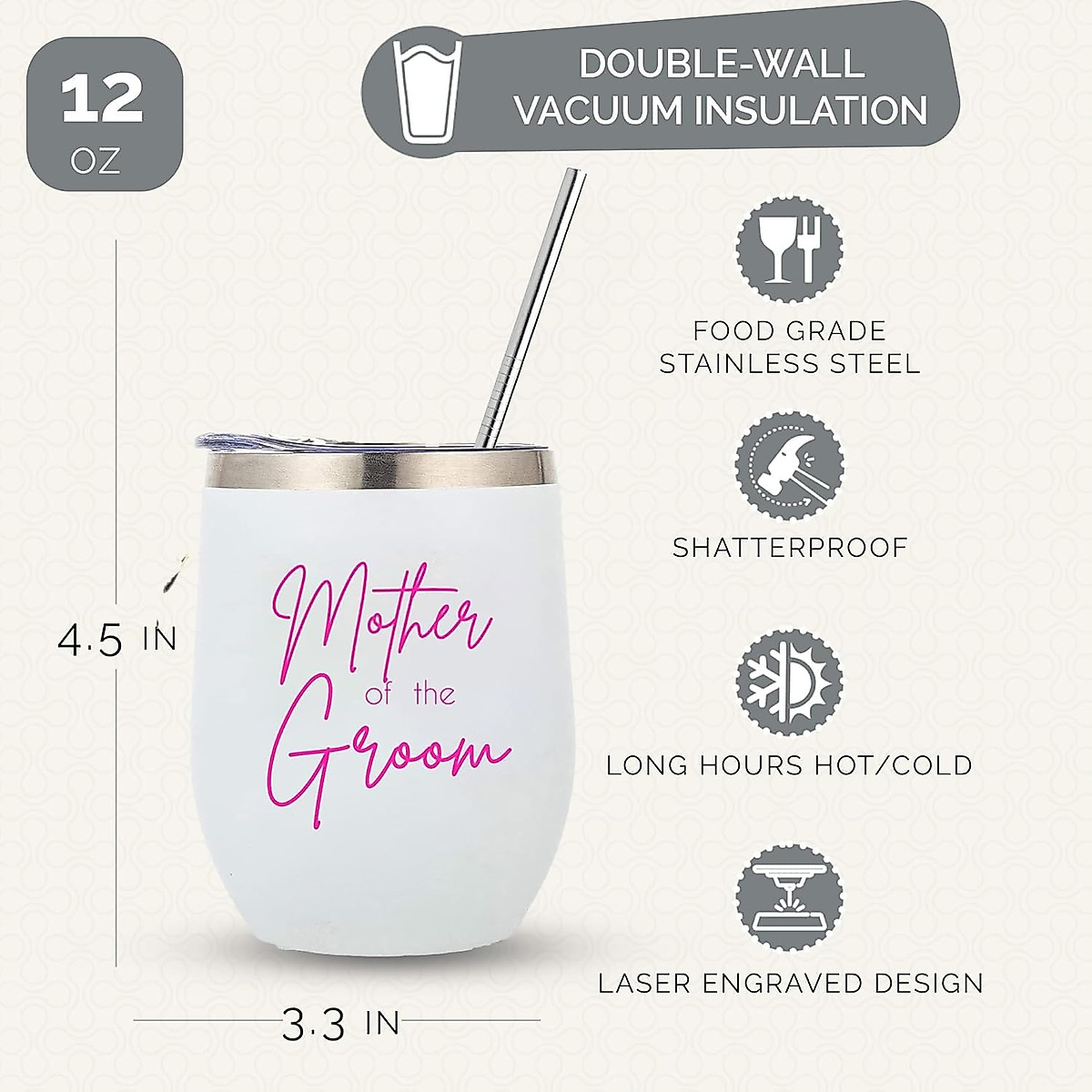 Your Dream Party Shop Mother of The Groom Gifts, Stainless Steel 12oz Wine Tumbler with Lid and Straw! Great Mother of the Groom Tumbler Or Mug