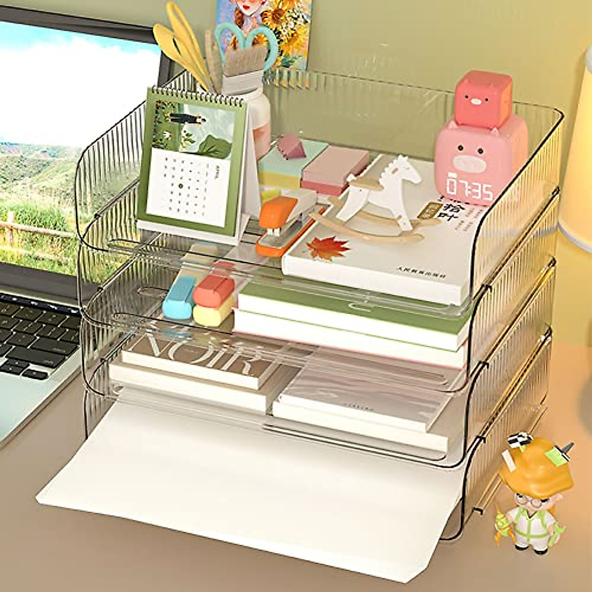 Wemfg File Organizer, Clear Stackable Desk Organizers and Accessories Tray Set, PET Letter Tray Paper Tray, A4 Size Office Desktop File Paper Holder Book Storage Rack (4 Pack x Landscape)