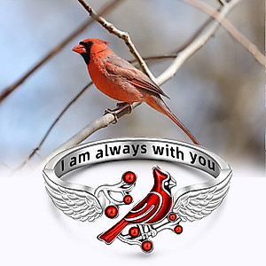 LOVGIFSET Cardinal Ring Angel Wing Ring Cardinal Appear When Angels are Near Feather Red Bird Rings for Women Sterling Silver Memorial Jewelry