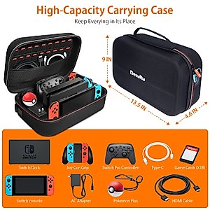 Deruitu Carrying Case Compatible with Nintendo Switch/Switch OLED Model - Portable Travel All Protective Hard Messenger Bag Soft Lining 18 Games for Switch Console Pro Controller & Accessories, Black