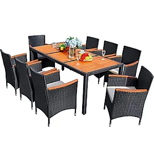 Flamaker 9 Piece Patio Dining Set Outdoor Acacia Wood Table and Chairs with Soft Cushions Wicker Patio Furniture for Deck, Backyard, Garden