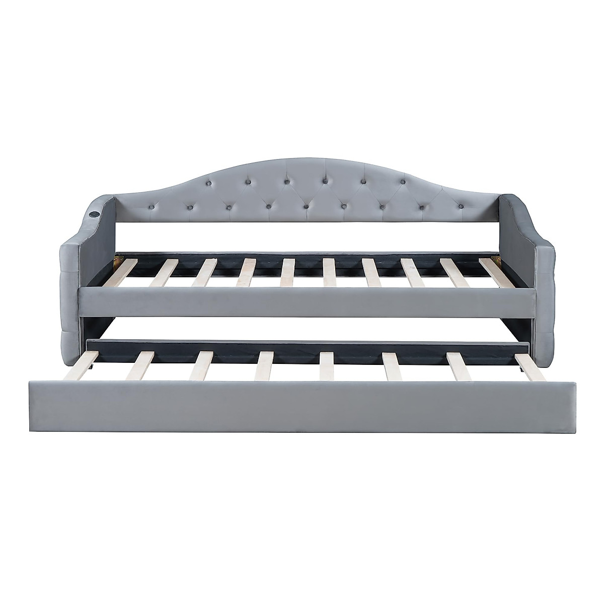 Harper & Bright Designs Twin Daybed with Trundle and USB & Type-C Charging Ports, Modern Upholstered Daybed Frame, Velvet Twin Sofa Bed Frame for Living Room, Bedroom, Gray