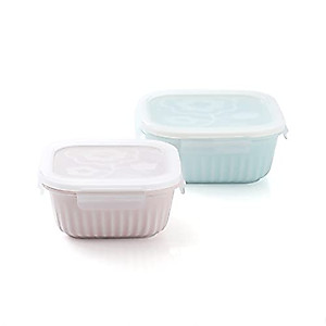 ZEN Pleats Porcelain Serve and Store Airtight Container 15&21oz Square Boxes Set of 2 (Mixed Color)