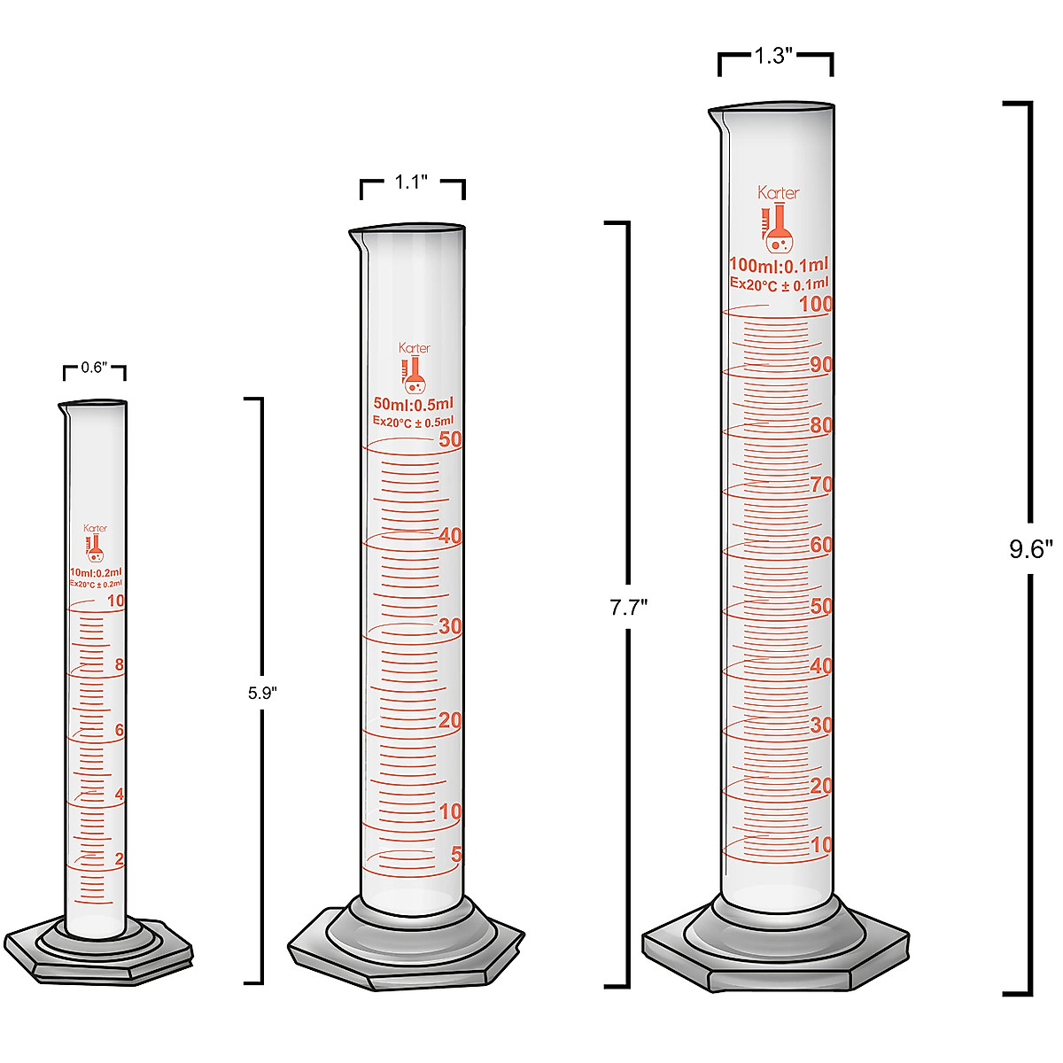 Beaker, Flask, Cylinder Set, 3.3 Boro. Glass - 9 Pieces - Beaker Set, Flask Set, and Graduated Cylinder Set, Karter Scientific 233N2