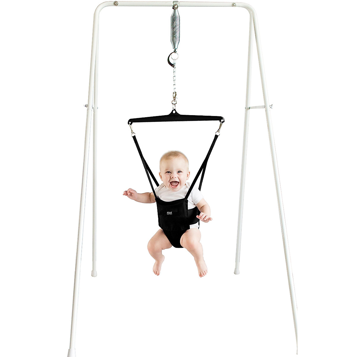 Jolly Jumper **CLASSIC** - Black Saddle- The Original Jolly Jumper with stand. Trusted by parents to provide fun for babies and to create cherished memories for families for over 75 years.
