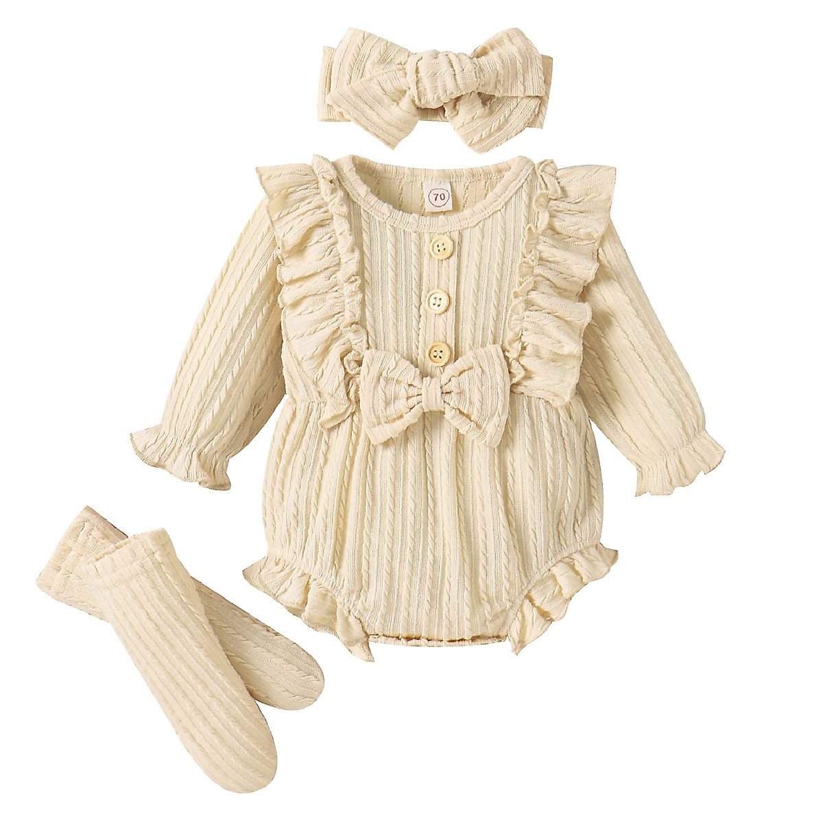 ZAXARRA Newborn Baby Girls Clothes Long Sleeve Button Front Ruffle Romper Socks Headband 3Pcs Set Fall Winter Outfits (Beige, 0-3 Months)