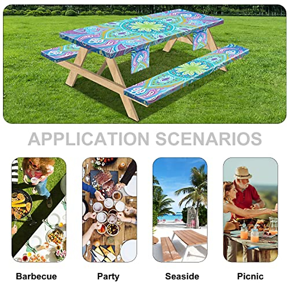 Sotue Picnic Table Cover with Bench Covers 3 Piece Set Elastic Fitted Rectangle Tablecloths Camp Tables Seat Cloth Polyester Oilcloth Vinyl Clothes for Outdoor Waterproof Camping 72x30 Inch Green