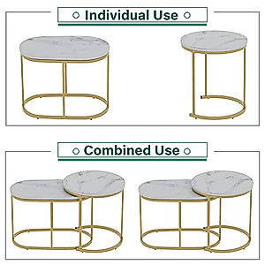 VILAWLENCE Nesting Coffee Table Set of 2 Modern Round White Marble Wood Table,Side Table Gold Metal Frame Oval