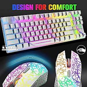 Wireless Gaming Keyboard Mouse and Wrist Rest Set with 87 Key Rainbow Backlight Rechargeable 3800mAh Battery Mechanical Feel Anti-ghosting Ergonomic Waterproof Mute Mice for PC Mac Gamer (White Mix)