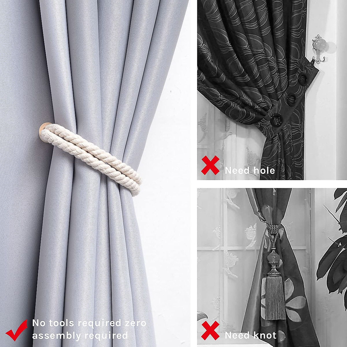 NICEEC 2 Pack Wooden Magnetic Curtain Tiebacks Boho Decoration Drape Tie Backs Natural Cotton Handmade Double Rope Curtain Holdbacks for Thin or Thick Home & Office Window Drapery (New Beige)