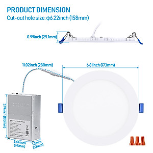 TORCHSTAR 12-Pack 5CCT 6 Inch Ultra-Thin LED Recessed Lighting with Junction Box, Aluminum, 2700K3000K3500K4000K5000K, 5%-100% Dimmable Slim Recessed Downlight, 12W 1000LM, ETL & ES Certified