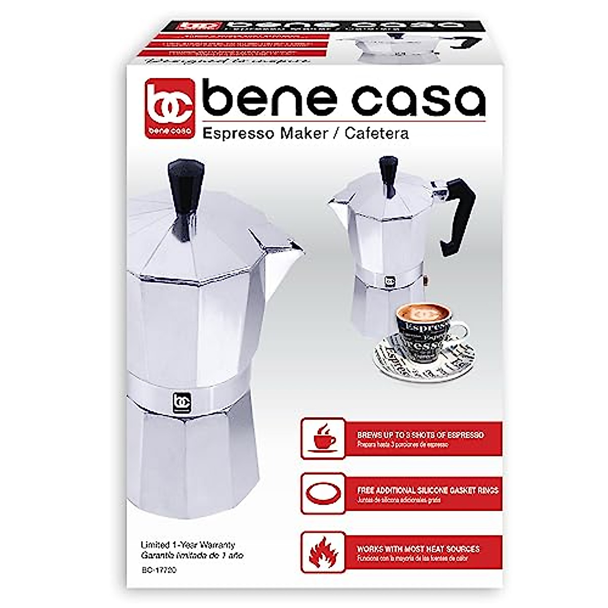 Bene Casa Classics BC-17720 3-Cup Aluminum Espresso Maker, silver