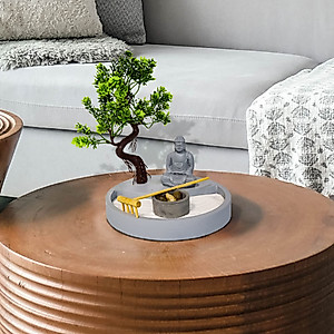 Round Shape, Zen Garden Tealight Candle Holder with a Mini Buddha Statue and a Bonsai Tree - A Perfect Japanese Art for Relaxation and Meditation - Free Your Mind with Our Mini Zen Garden Decor, Gray
