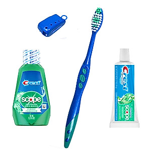 Kali Dreams 5 Piece Crest Toothbrush Toothpaste Travel kit, Crest Toothpaste, Crest Scope Mouthwash (Toothbrush, Toothbrush Cap, Mouthwash, Toothpaste, Travel Bag) - 4 Sets