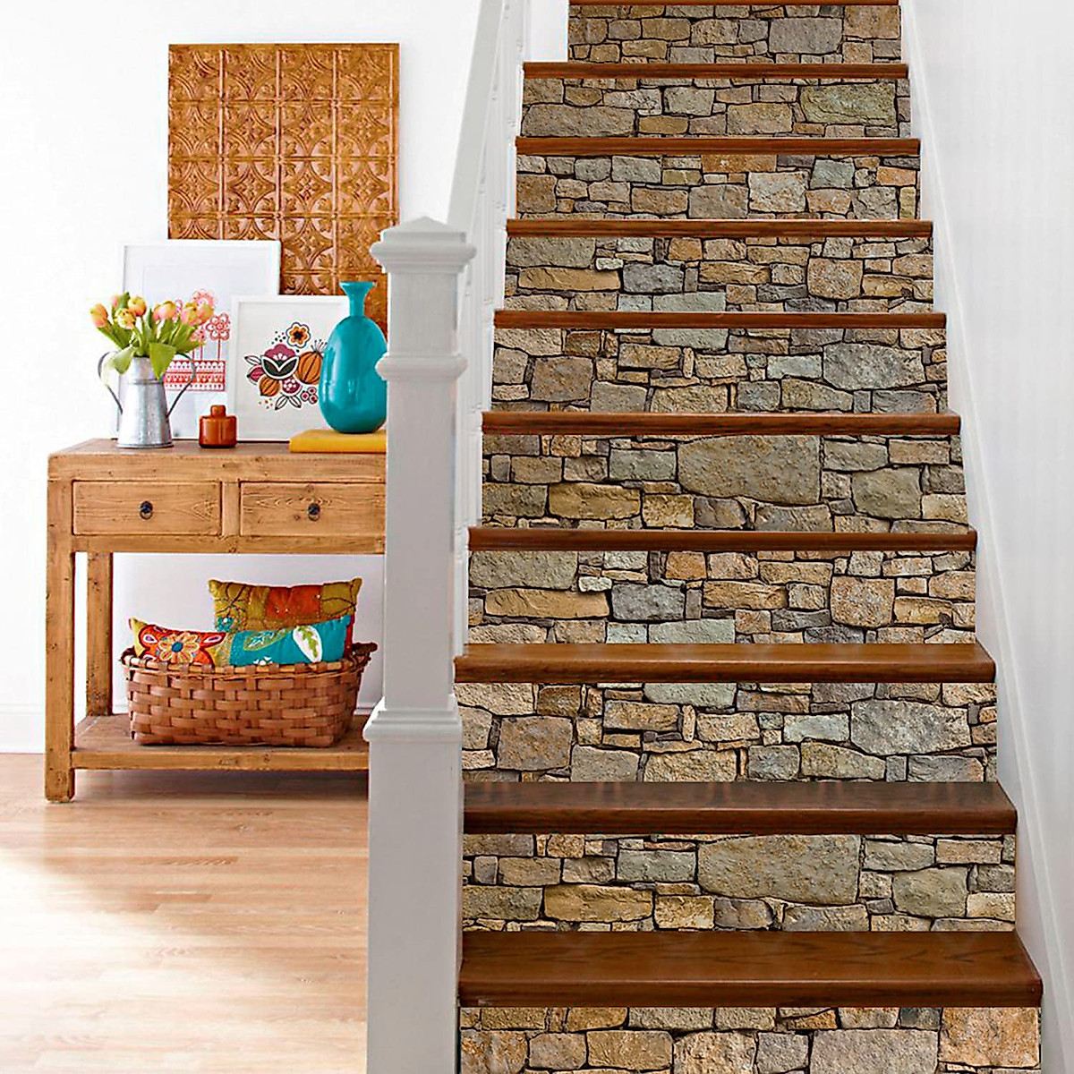 TUOKING 13 Strips Stair Stickers, Vinyl Self-Adhesive Refurbished Staircase Decals, 39.37 x 7.08 Inch for 13 Steps, Stone Pattern