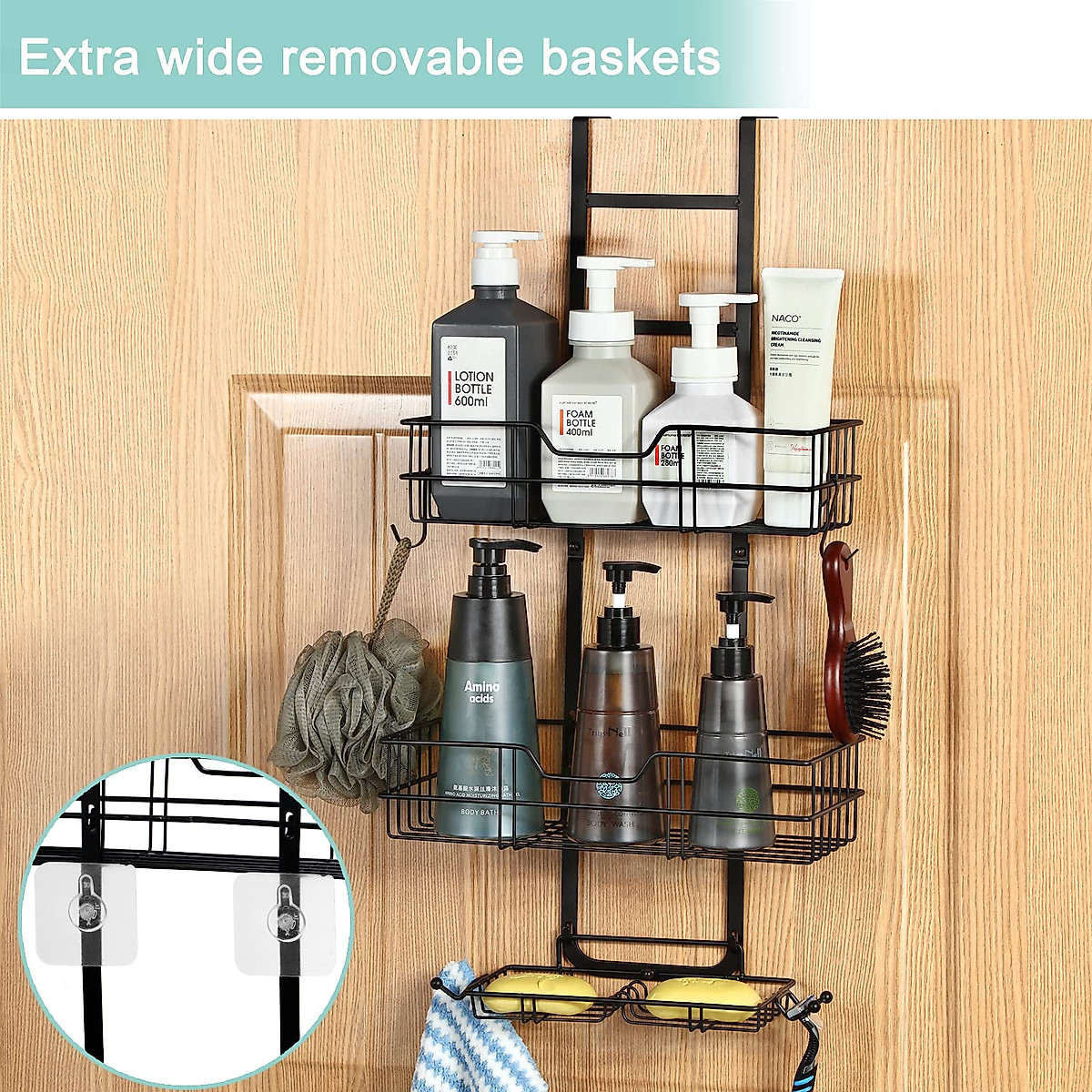 Over The Door Shower Caddy, Hanging Storage Rack, Shower Basket with Suction Cup, Over Door Bathroom Shower organizer Hanging with Hooks and Soap Holder, No Drilling (3-Layer, Black)