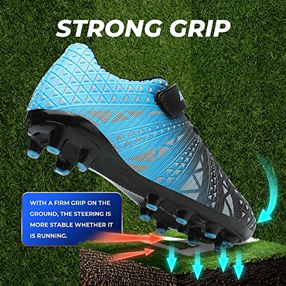 ASHION Unisex-Kids Soccer Cleats for Boys Girls Turf Firm Ground No-Tie Football Shoes Durable Black/Blue