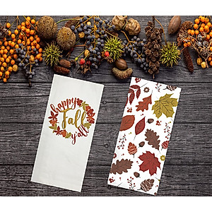 Mainstream Fall Kitchen Towels, Set of 2, Happy Fall Y all with Tossed Leaf Acorn Print Cotton Dual-Sided Terry Dishtowels Drying Cloth 16*26 inches White, Rust, Gold, Tan, Brown