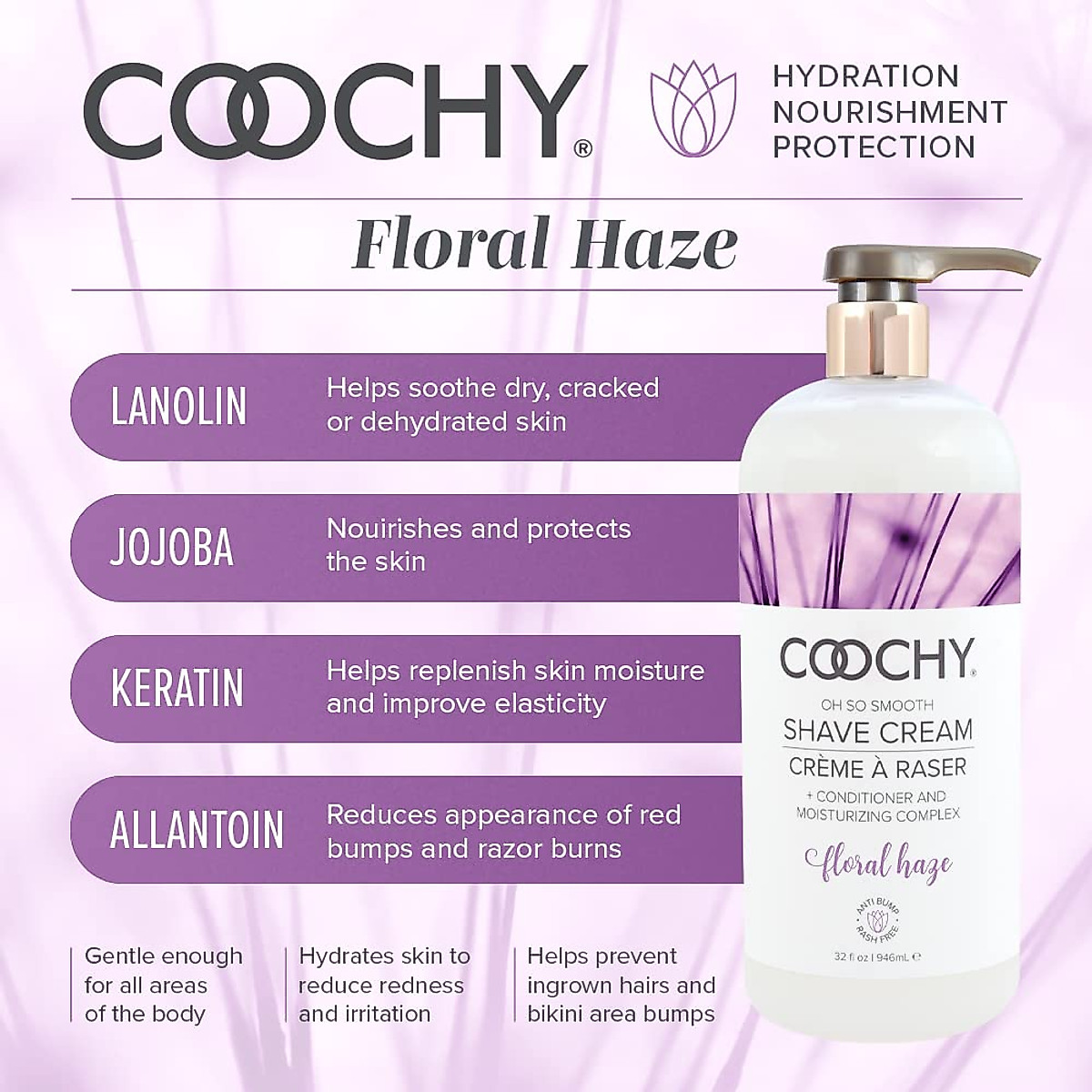 Coochy Intimate Shaving Cream for Women Sensitive Skin, Shave Conditioner & Moisturizer for Face & Body, Shave Cream, Anti-Bump, Floral Haze, 32 oz