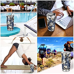 HXshaoye blue flowers skulls hippie Stainless Steel coffee cups with lids with Lid and Straw mug for hot drinks for coffee reusable 20oz coffee tumbler termos para gym 20oz