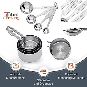 Tribal Cooking Metal Measuring Cups and Spoons Set - 8 Pieces - Professional Stainless Steel - Measuring Spoons Set - Measure Dry or Liquid Ingredients - Measuring Cups Sets for Baking and Cooking
