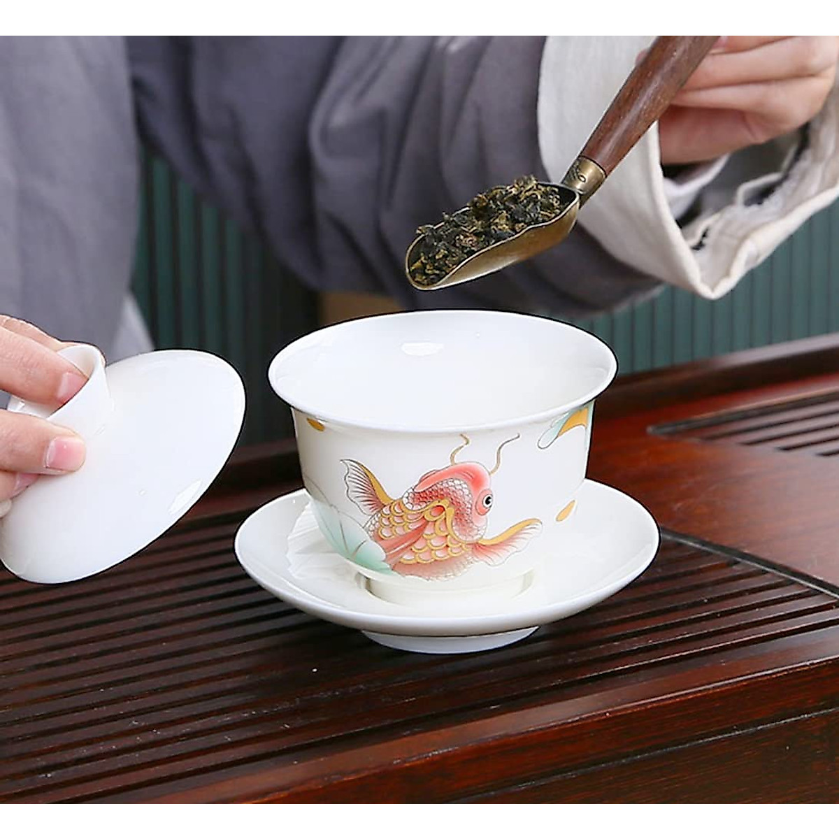 Emoyi Fish Pattern China Traditional Teacup Porcelain Gaiwan Tea Set 150ml