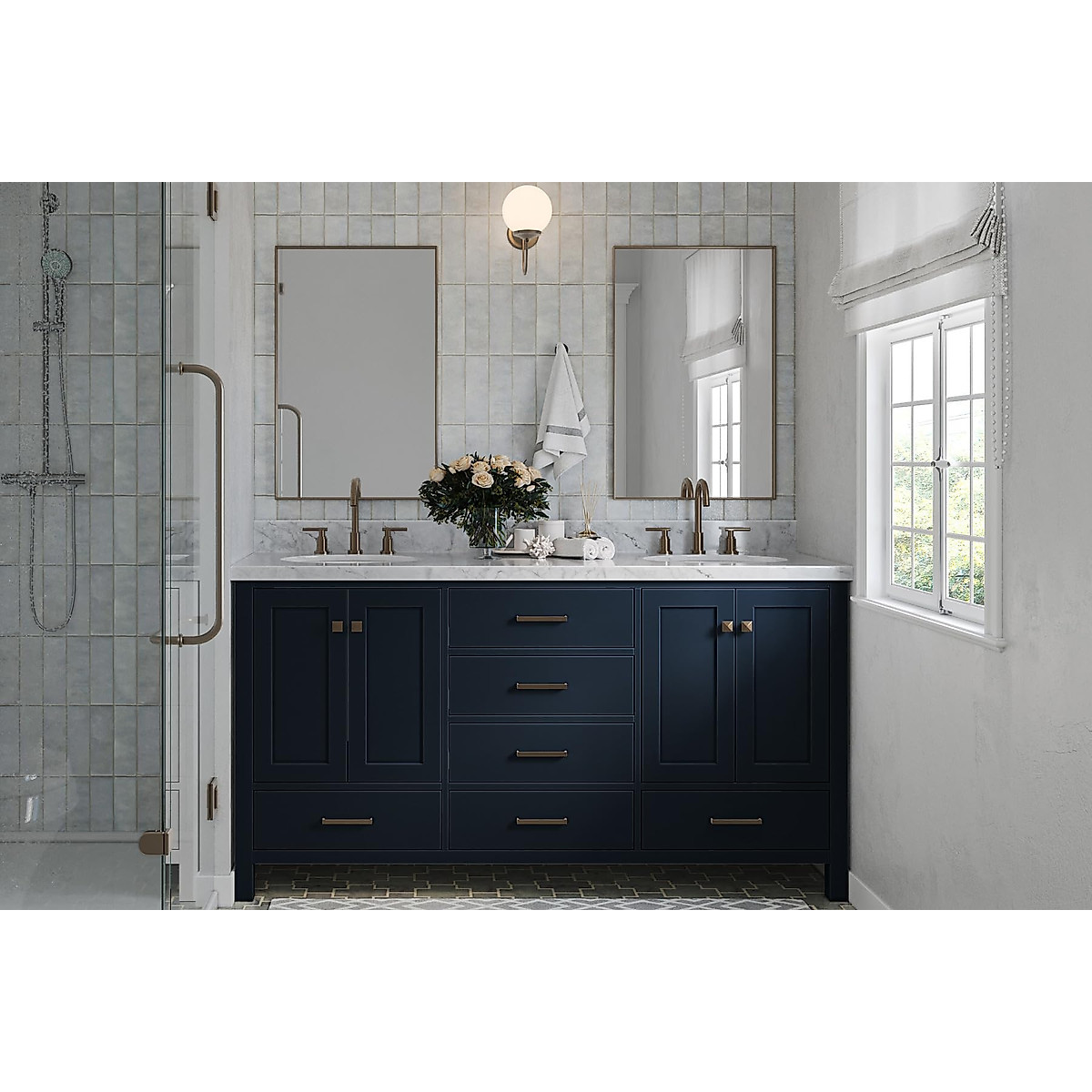 ARIEL 67" Midnight Blue Double Bathroom Vanity with 1.5" Edge Italian Carrara Marble Countertop & Splash, 2 Oval Sinks, 4 Soft Closing Doors, 6 Full Extension Dovetail Drawers, Satin Brass