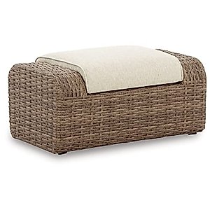 Signature Design by Ashley Sandy Bloom Casual Outdoor Ottoman with Cushion, Dark Brown & Beige