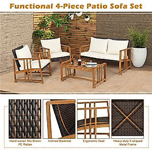 Tangkula 4 Pieces Patio Sofa Set, Outdoor Mix Brown Rattan Conversation Set with Acacia Wood Frame, Cozy Seat & Back Cushions, All-Weather PE Wicker Chair & Table Set for Porch, Poolside (Off White)