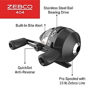 Zebco 404 Spincast Fishing Reel, Size 40 Reel, Right-Hand Retrieve, Built-in Bite Alert, Durable All-Metal Gears, Stainless Steel Pick-up Pin, Pre-Spooled with 15-Pound Zebco Fishing Line, Black
