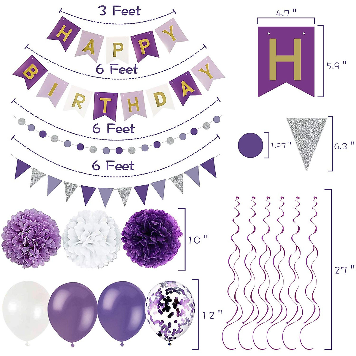 Purple White Birthday Decorations Party Supplies for Women Girls with Happy Birthday Banner,Tissue Paper Pom Poms, Triangular Pennants, Latex Confetti Balloons- Purple, Lavender and White