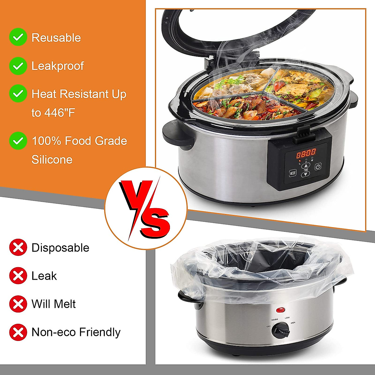 Slow Cooker Liners, Slow Cooker Silicone Liners, for 6 QT Crockpot, Reusable Crock Pot Liners, Easy Clean & Dishwasher Safe Cooking Silicone Liners (Gray)