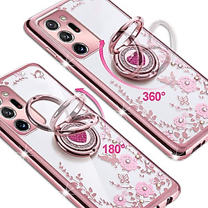 for Note 20 Ultra Case,Galaxy Note 20 Ultra Case for Women, Glitter Crystal Butterfly Heart Floral Slim TPU Bling Cute Girls Protective Cover with Ring Holder Stand+Strap for Note 20 Ultra(Rose Gold)