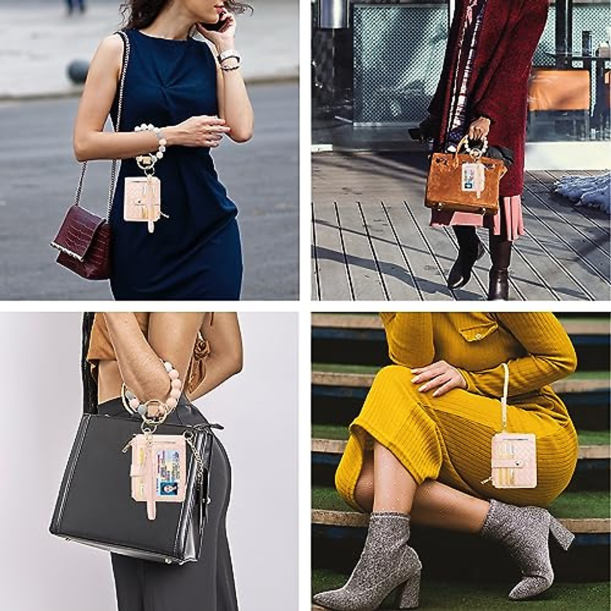 COOLANS Wristlet Bracelet Keychain Pocket Credit Card Holder Purse Tassel Keychain Bangle Key Ring for Women (Silicone Bead Bracelet+Card Purse (Pink))