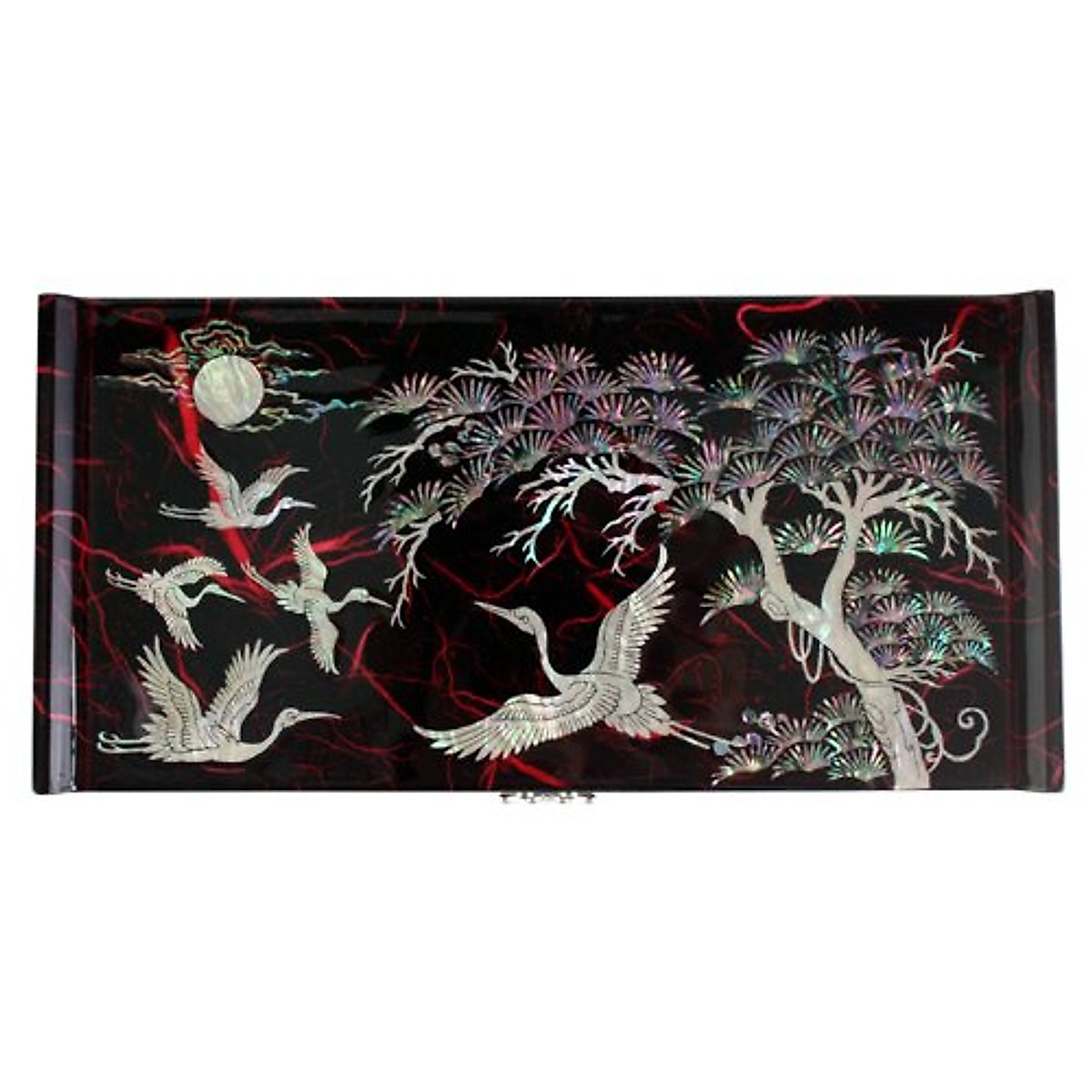 Mother of Pearl Crane and Pine Tree in Red Mulberry Paper Design Wooden Jewelry Mirror Trinket Keepsake Treasure Drawer Lacquer Box Case Chest Organizer