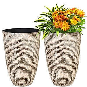 KOL 2-Pack 21in. Tall Plastic Planter - Large Round Tapered Plant Pots with Textured Finish - Beige Imitation Stone Looking Flower Pots for Indoor & Outdoor Plants - Lightweight and Durable