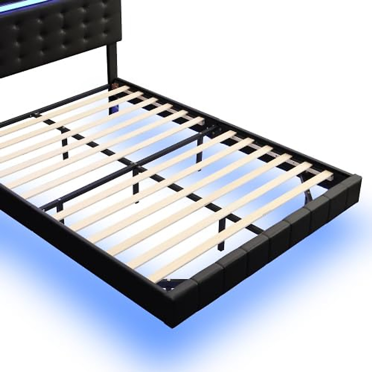 anwickjeff Queen Size Floating Bed Frame with LED Lights and USB Charging,Modern Queen Upholstered Platform LED Bed Frame with Headboard, Low Profile Platform Bed for Bedroom, (Black, Queen)