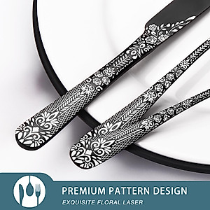 PHILIPALA 20 Pcs Mirror Black Silverware Set, Stainless Steel Flatware Cutlery Set for 4, Tableware Eating Utensils Sets with Unique Floral Design, Dishwasher Safe