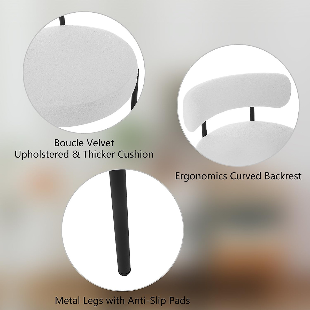 Hooseng White Dining Chairs Set of 2, Modern Kitchen Dining Room Chairs, Round Upholstered Boucle Chairs with Curved Backrest and Black Metal Legs for Kitchen, Dining Room, Living Room