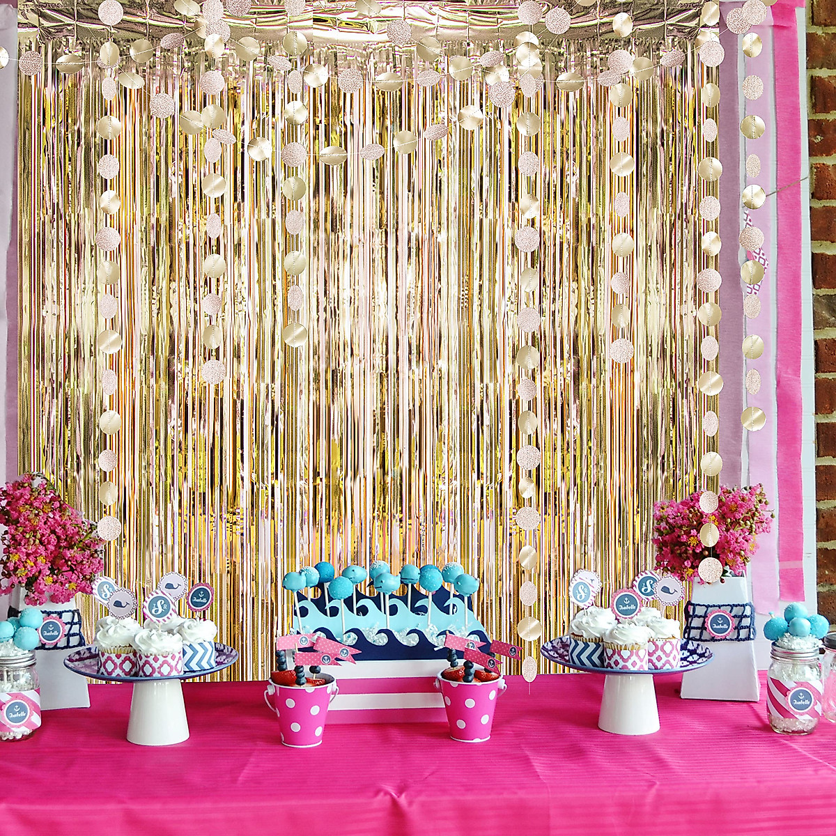 Decor365 Champagne Gold Foil Tinsel Fringe Curtain backdrop Hanging Circle Garland for Birthday Party Decoration Bridal Baby Shower Bachelorette Graduation Ramadan Party Supplies